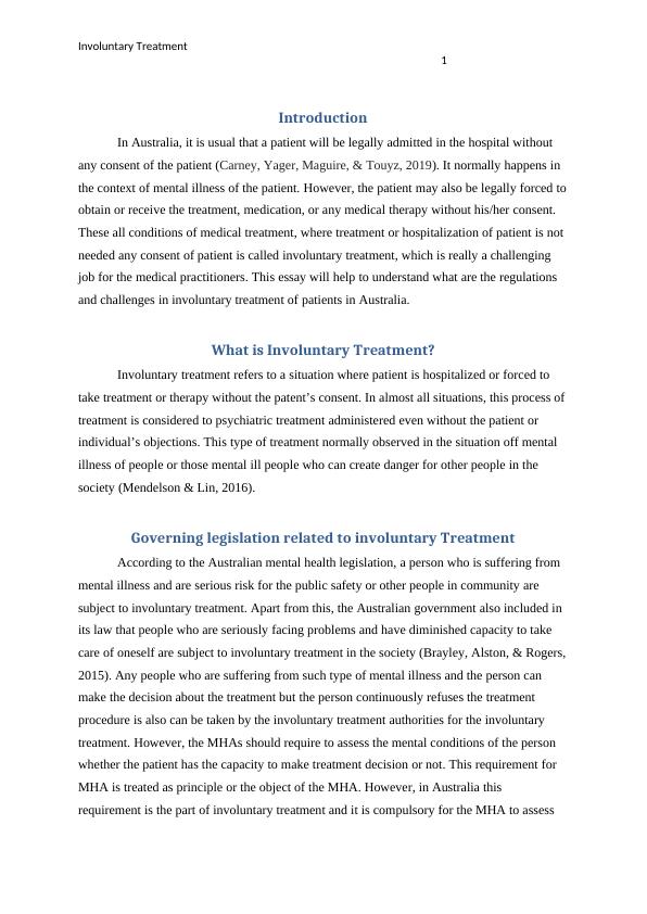 Involuntary Treatment - Essay