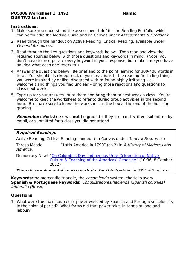 PO5006 Worksheet 1: 1492