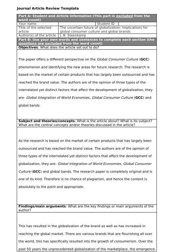 Journal Article Review Template