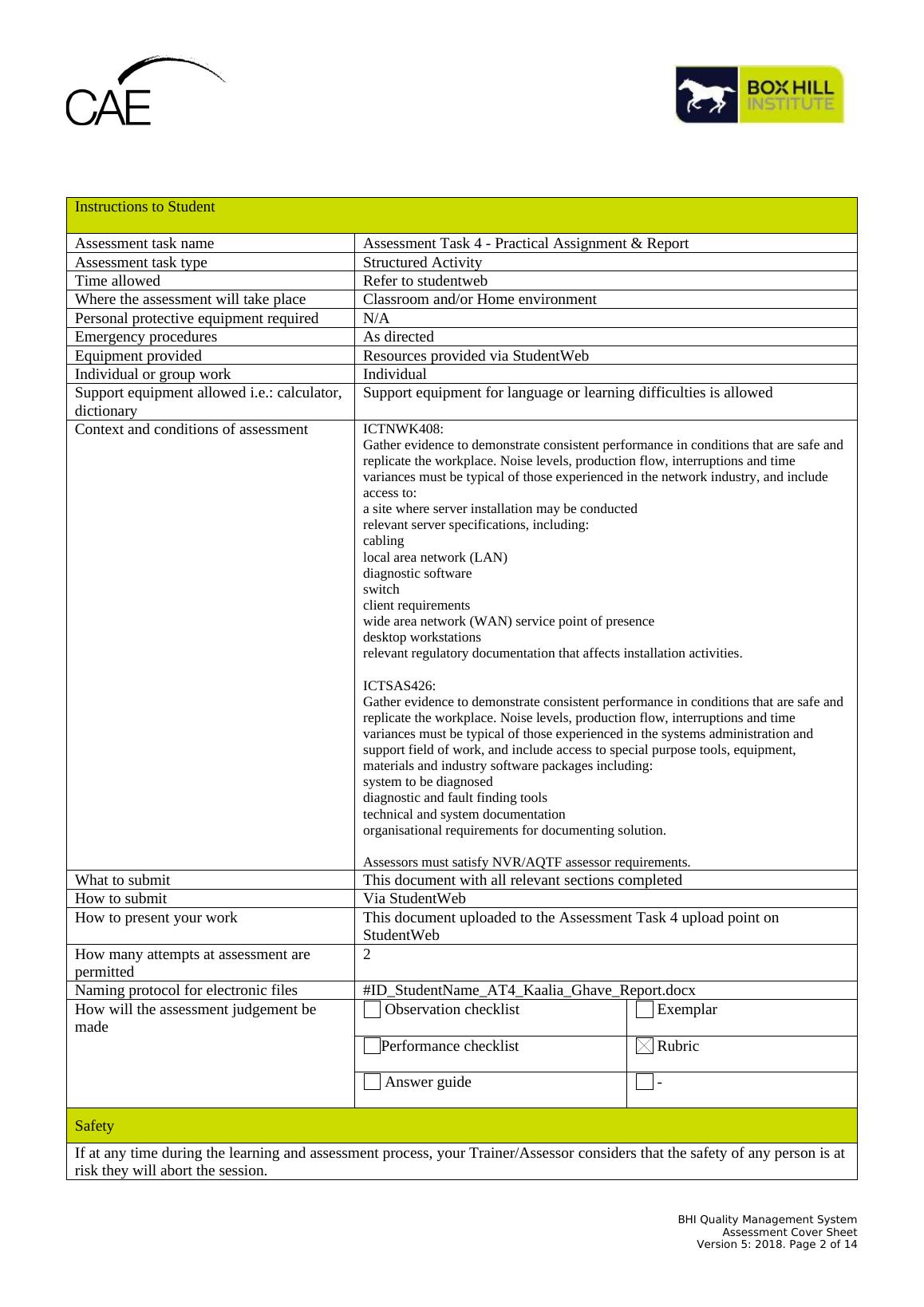 BHI & CAE Assessment Cover Sheet