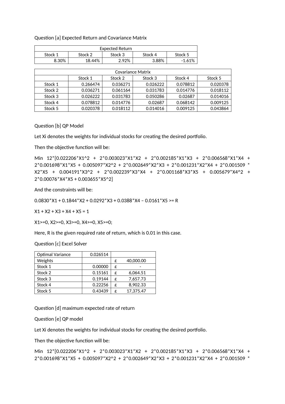 Portfolio Optimization using QP Modeling Techniques