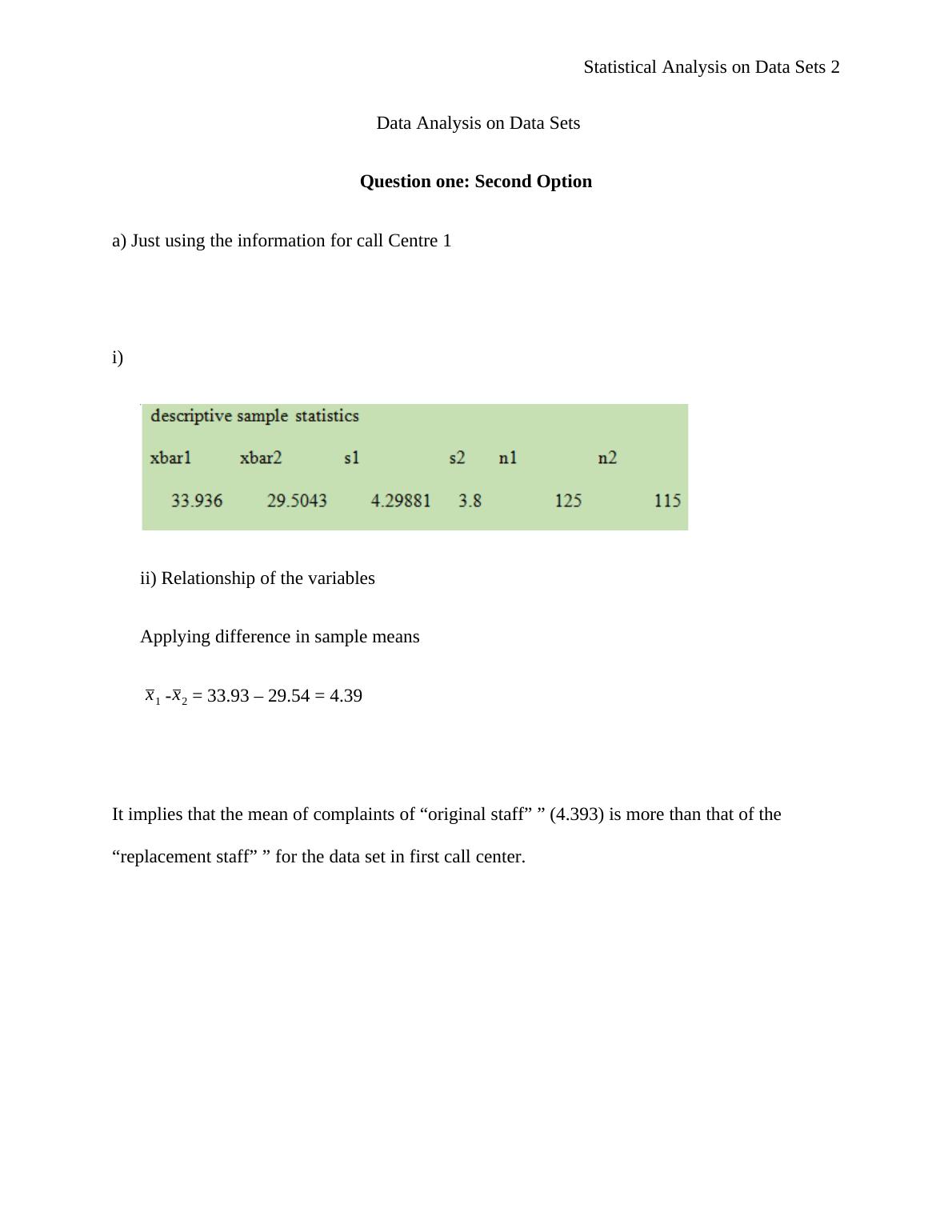 Statistical Analysis on Data Sets - Assignment Report