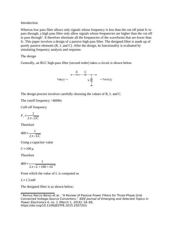 Design of a Passive Second Order High-Pass Filter