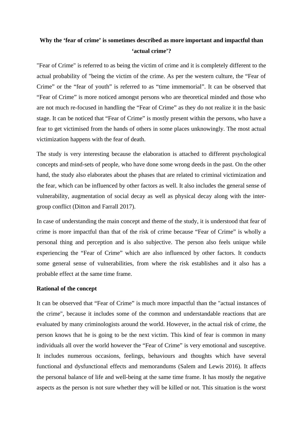 Fear of Crime: Sociological Analysis and Impact Comparison