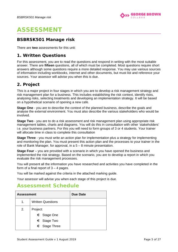 BSBRSK501 Manage risk Assessment 2022