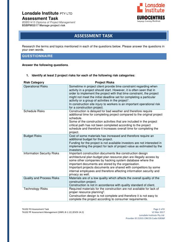 Lonsdale Institute - Project Risk Management Assignment