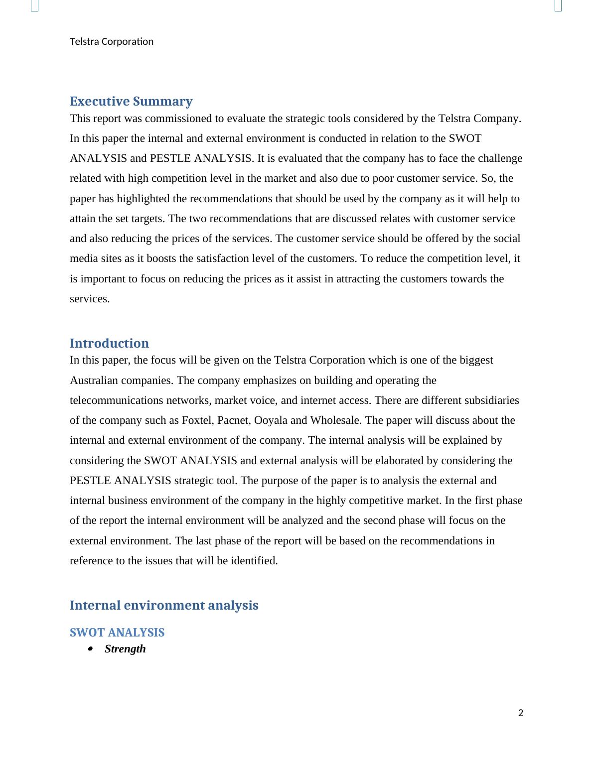 BBA102: Telstra Corporation Strategic Analysis Report