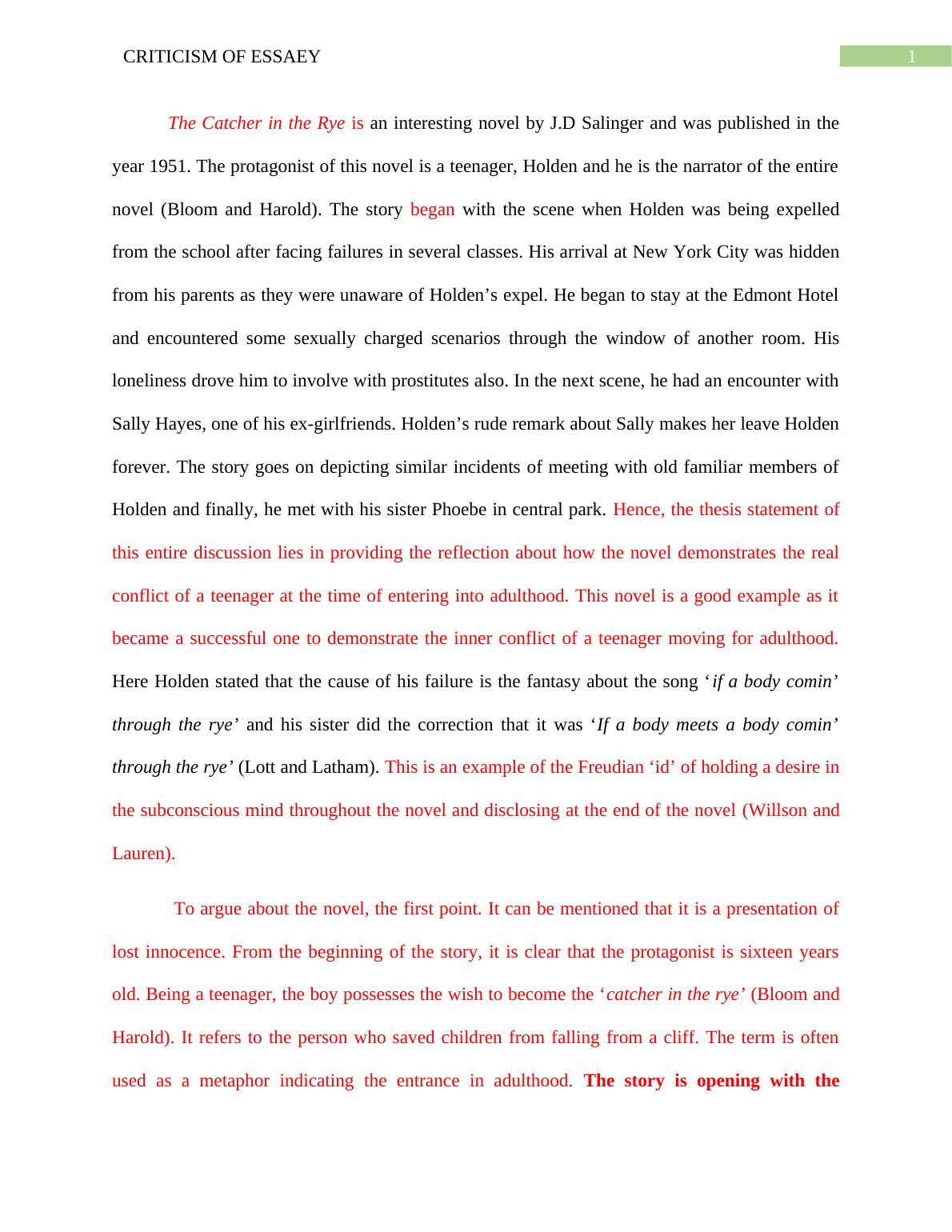 Literary Criticism Essay: The Catcher in the Rye Analysis