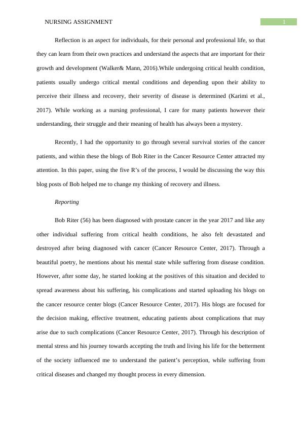 Nursing Assignment 1: Reflection on Patient Care in Nursing