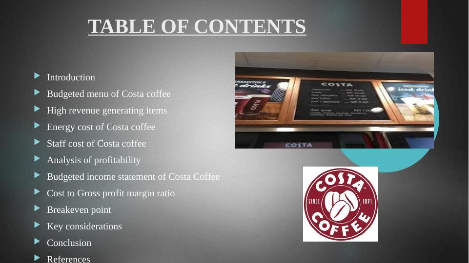 Costa Coffee Menu: Budget, Profit, and Revenue Analysis
