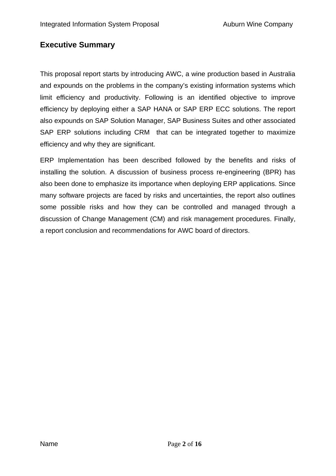 Integrated Information System Proposal: AWC SAP ERP