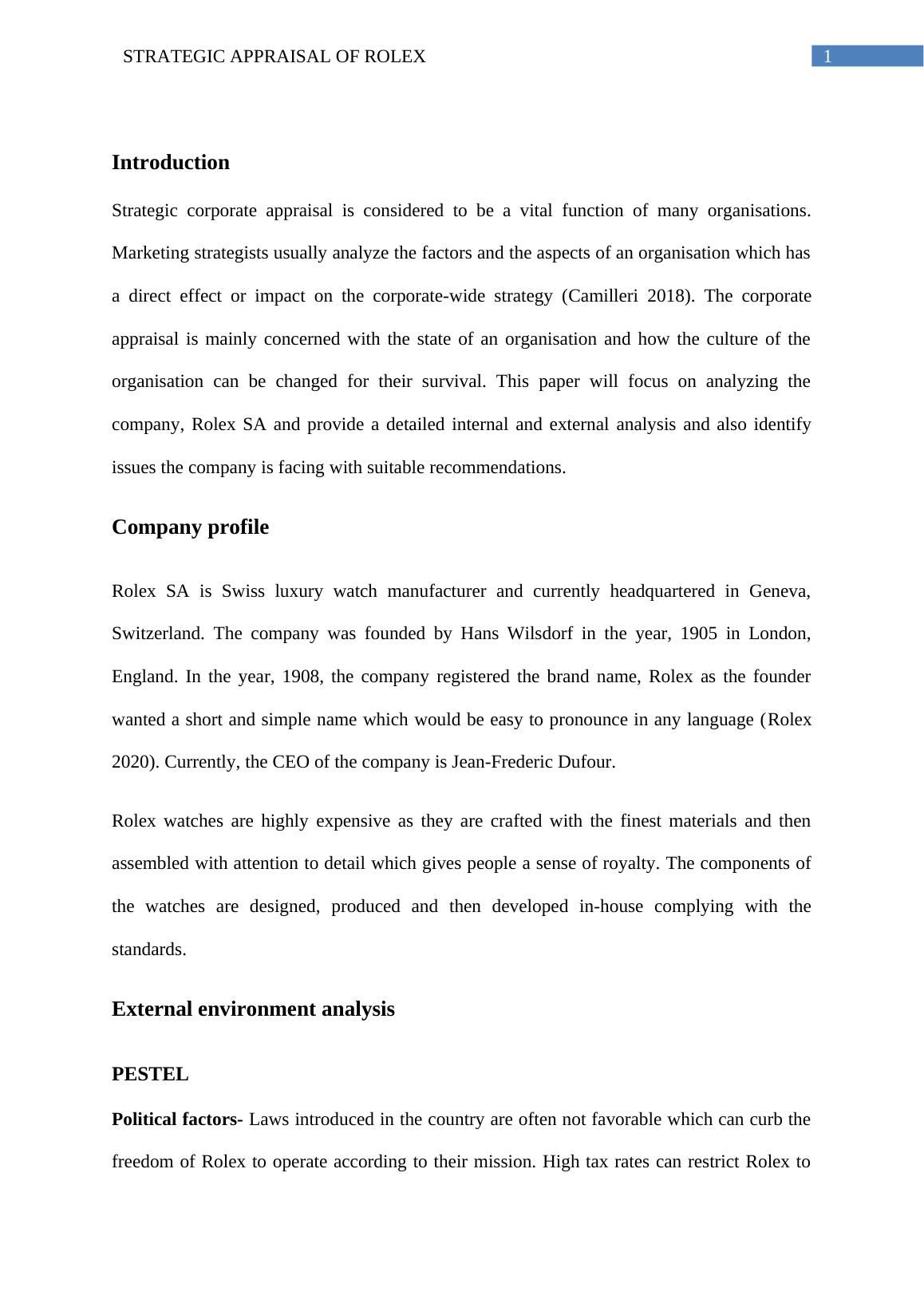 Strategic Appraisal of Rolex: Internal and External Analysis