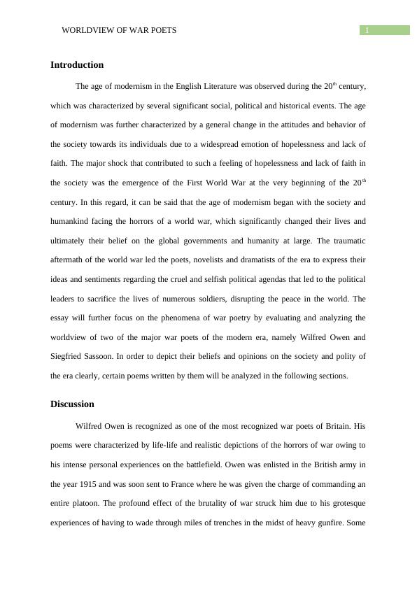 Essay on Worldview of War Poets: Owen and Sassoon Analysis