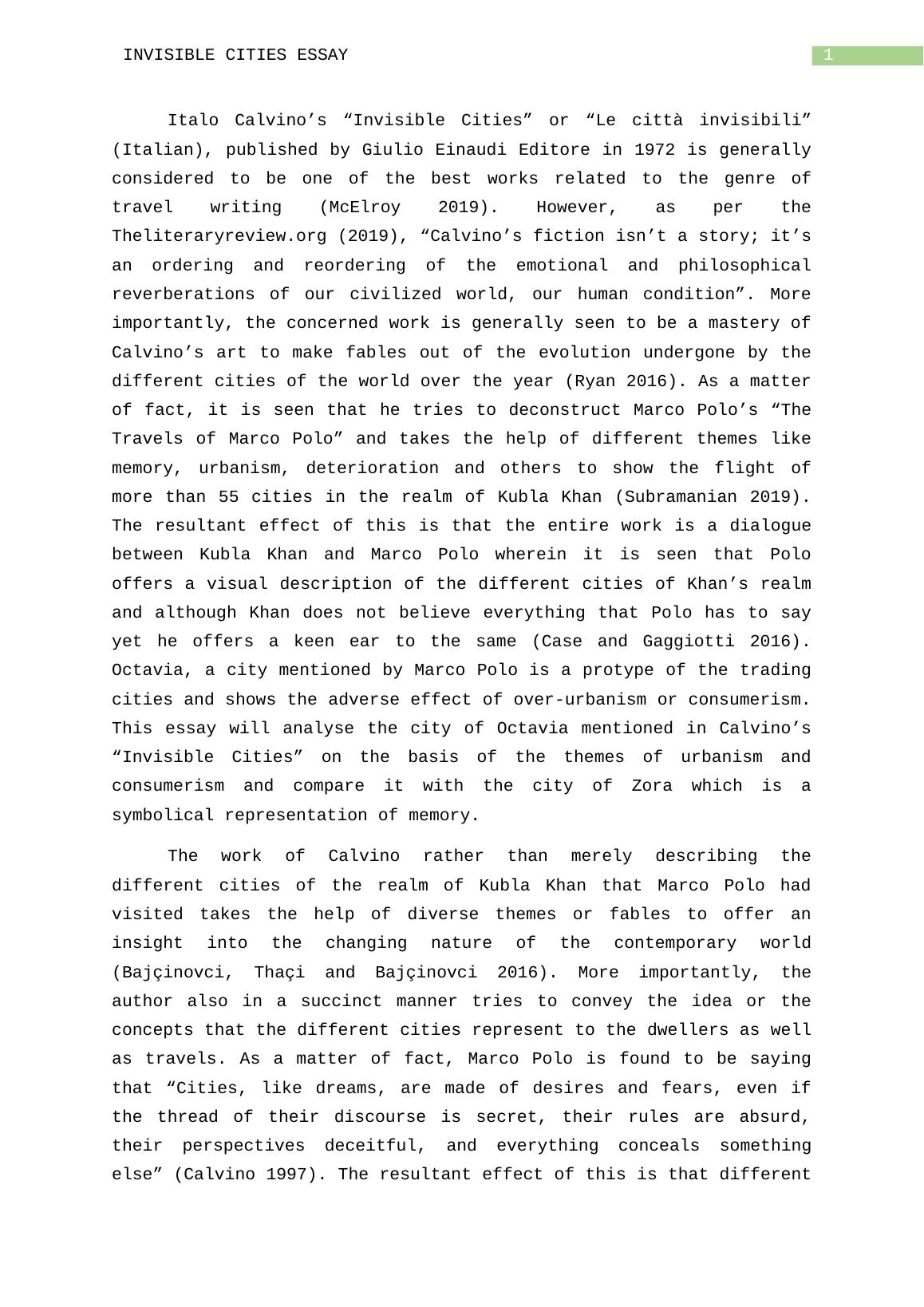 Italo Calvino's Invisible Cities: Octavia, Zora, and Themes