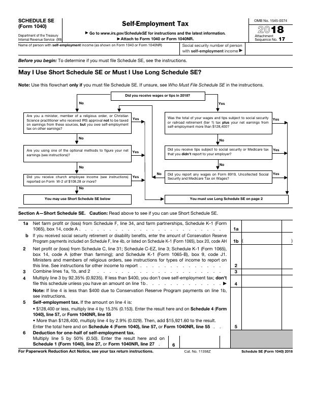Schedule SE (Form 1040) 2018 | Internal Revenue Service