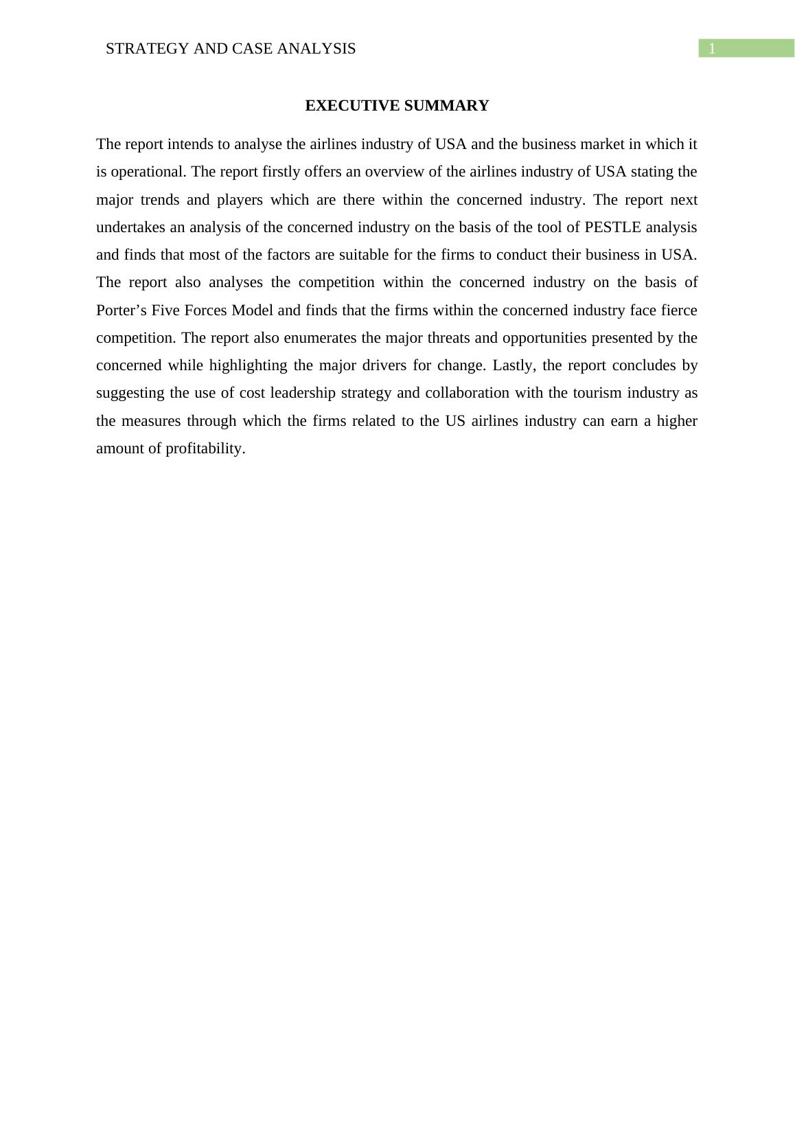 Strategy and Case Analysis of US Airlines Industry Report