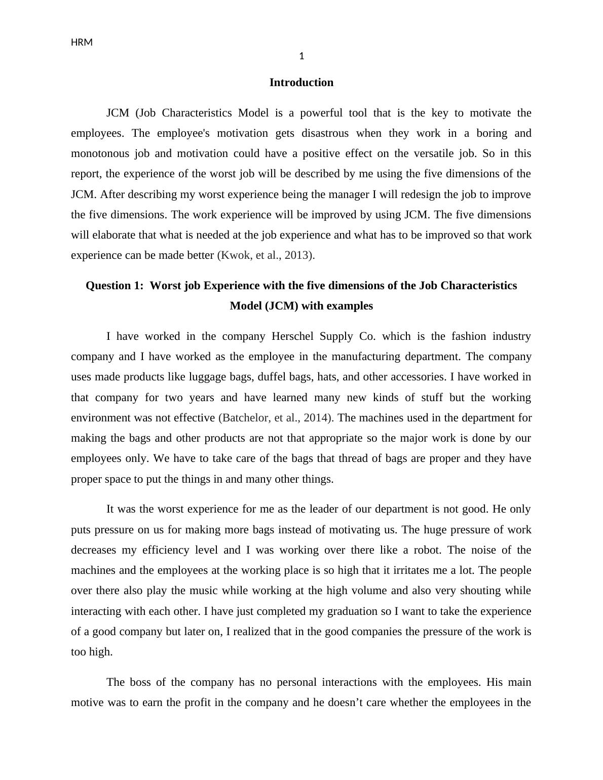 Job Characteristics Model (JCM) Analysis and Redesign Report