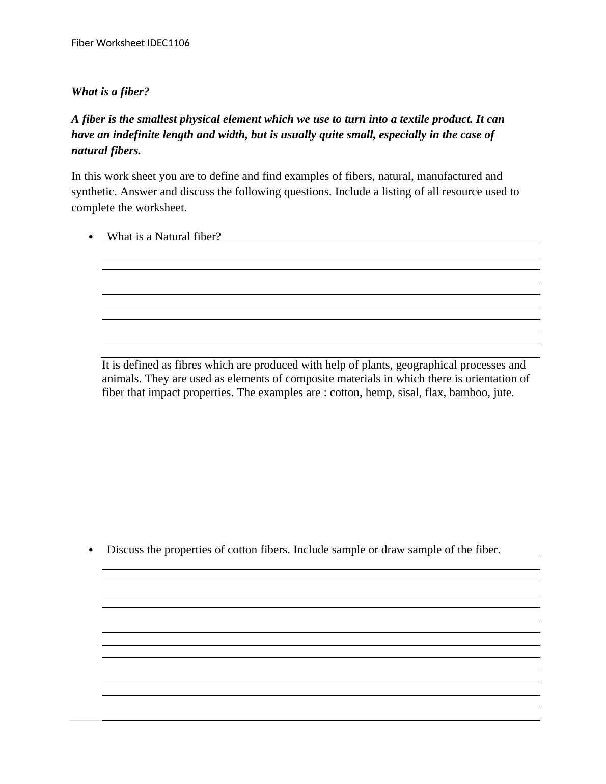 IDEC1106 Fabric Worksheet: Fiber, Weave, and Fabric Analysis