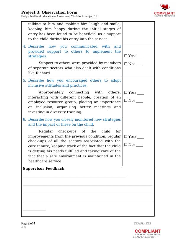 Early Childhood Education: Project 3 Observation Form