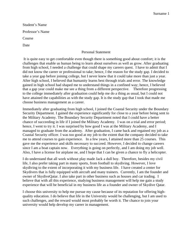Business Management Application: Personal Statement Essay