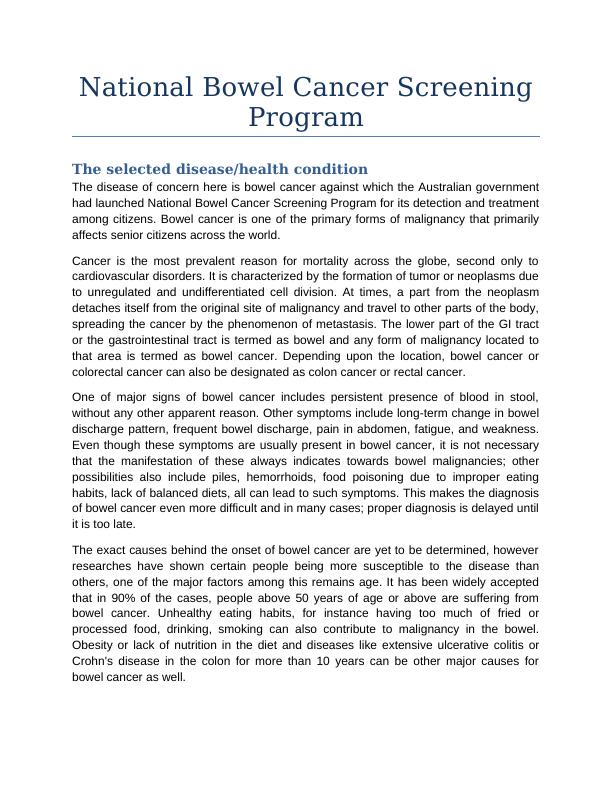National Bowel Cancer Screening Program | Desklib