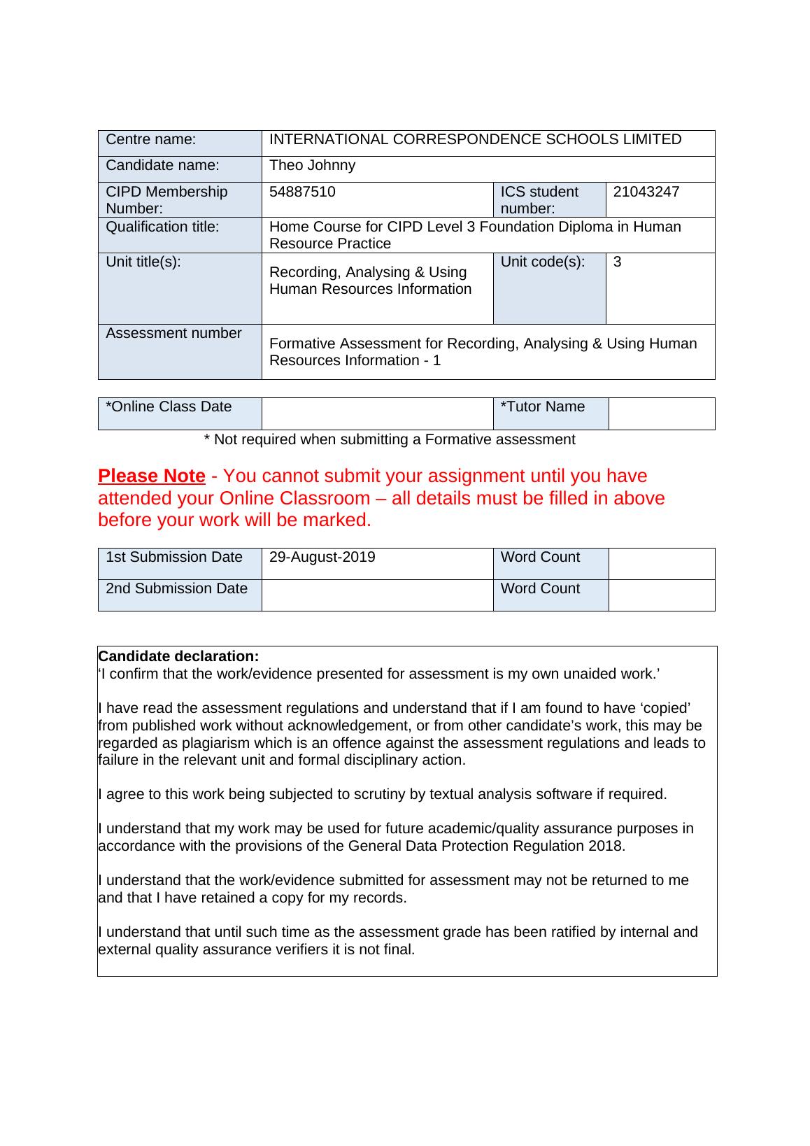 CIPD Level 3: HR Information Analysis Formative Assessment