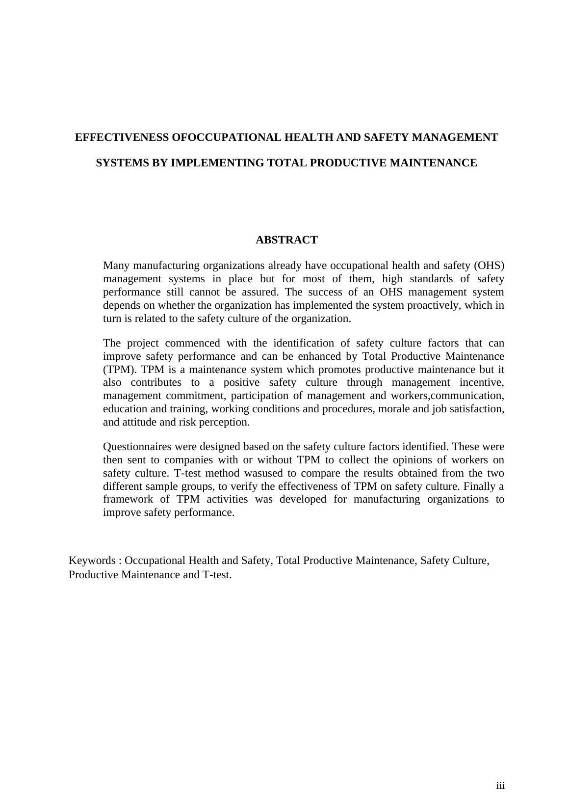 Effectiveness of Occupational Health and Safety Project 2022