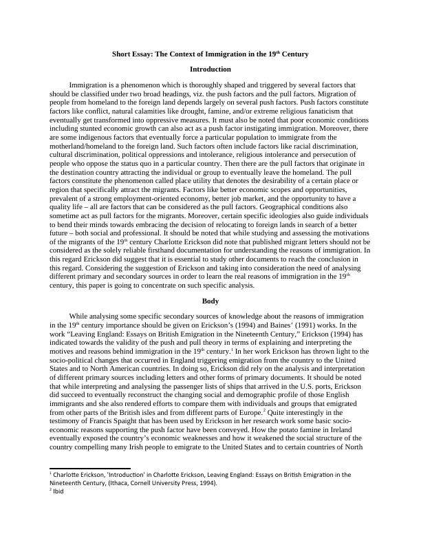 Essay on Immigration in the 19th Century: Historical Context