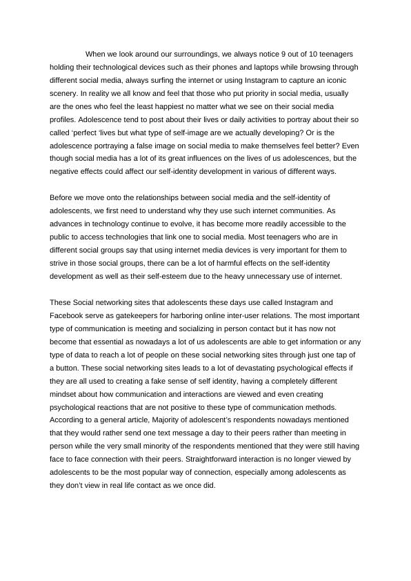 Psychology Essay: Social Media, Self-Esteem, Adolescents