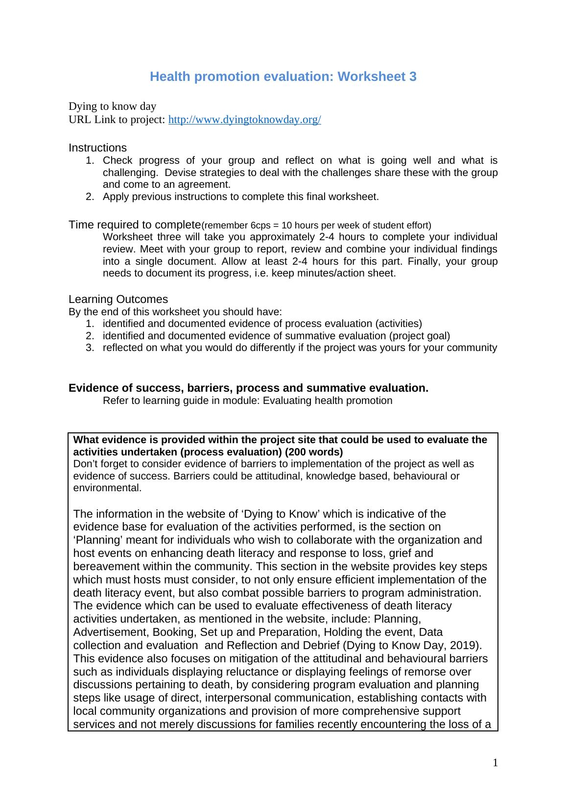 Health Promotion Evaluation: Worksheet 3