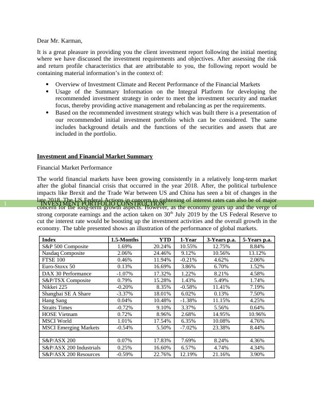 Investment Portfolio Construction - Case Study in Finance