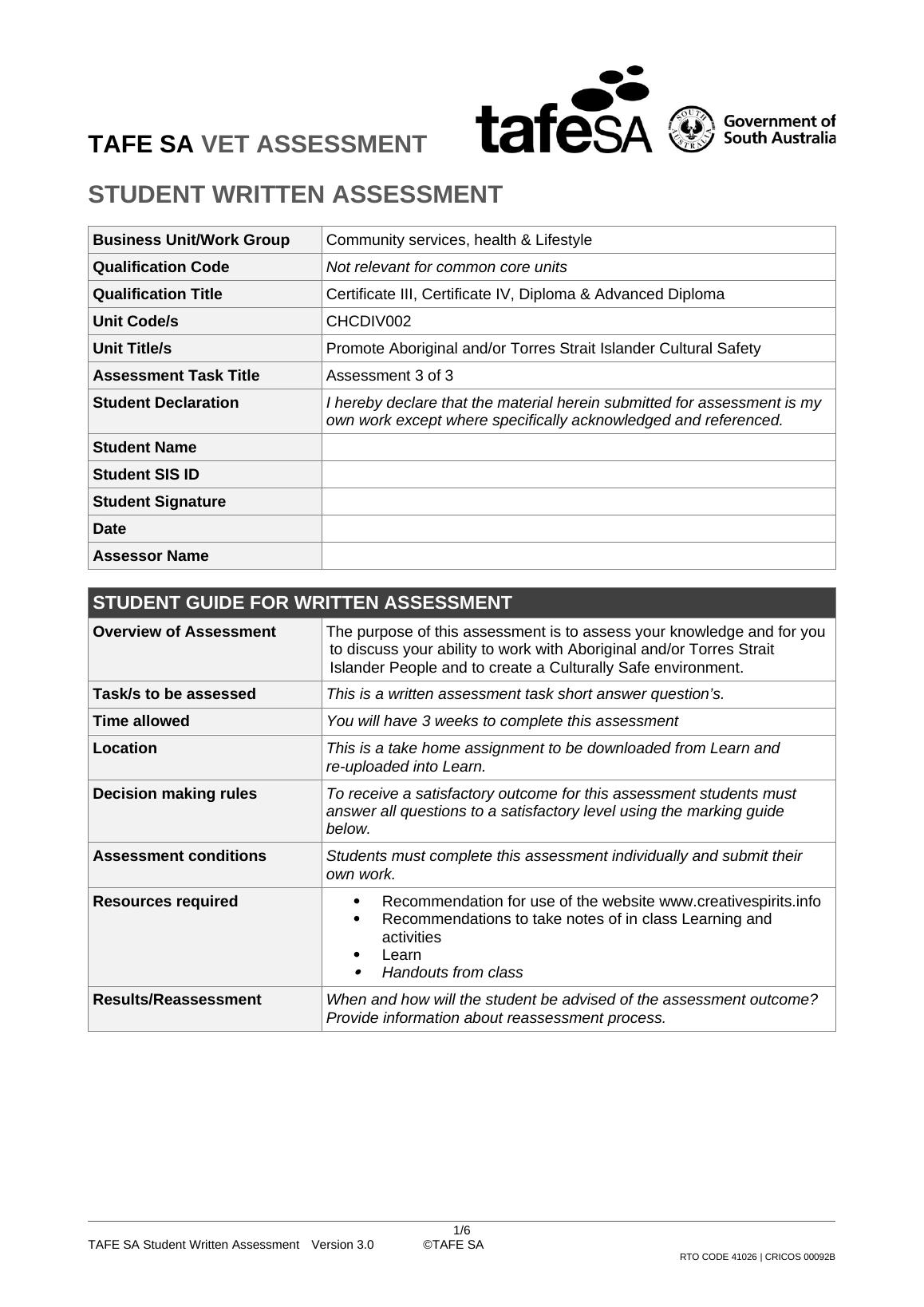 TAFE SA VET Assessment: Cultural Safety Policy Development