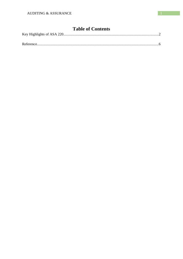 ASA 220: Auditing and Assurance Assignment Summary