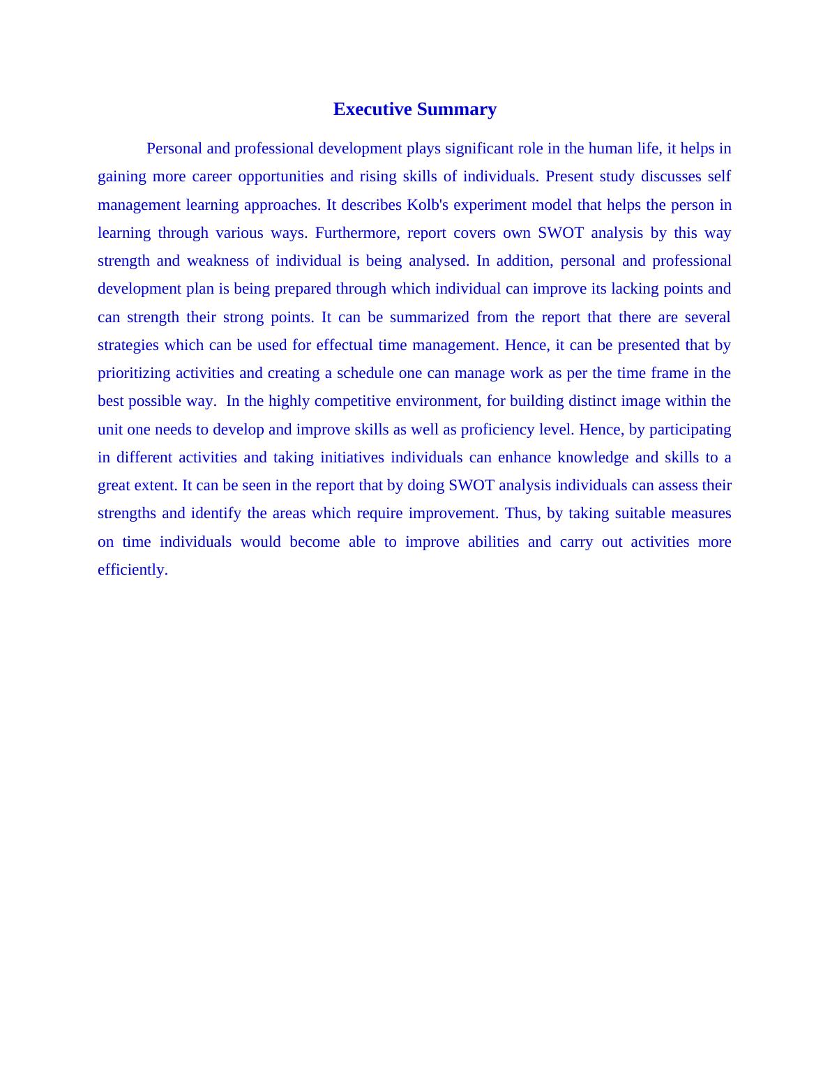 Executive Summary: Personal and Professional Development