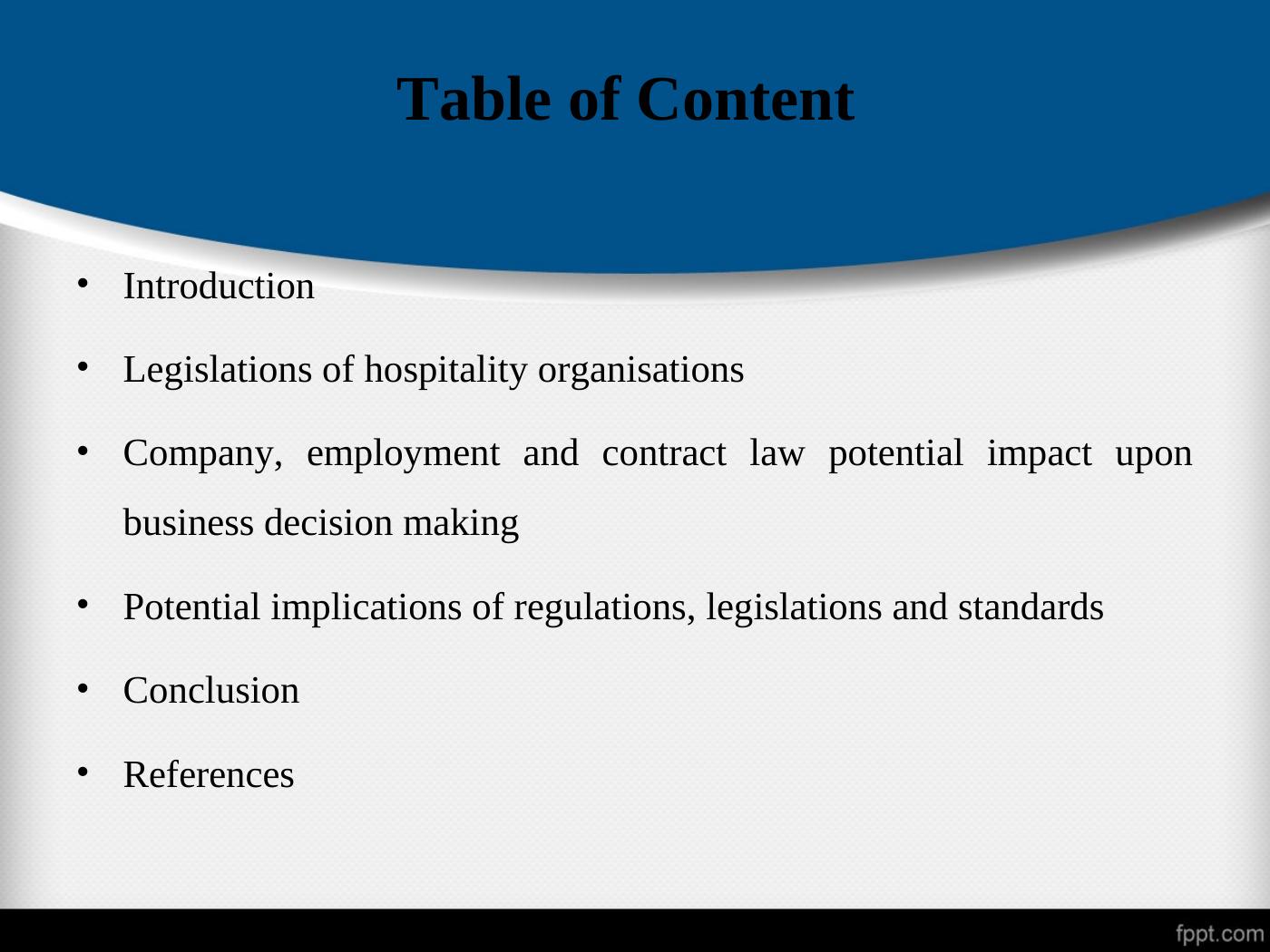 Legislations of Hospitality Organisations