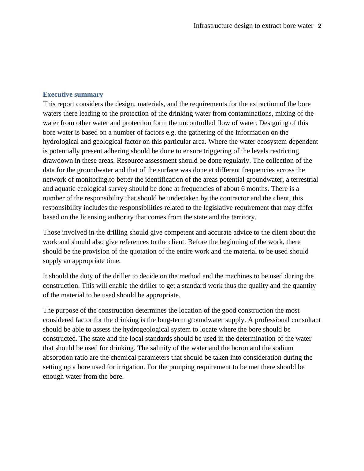 Infrastructure Design for Bore Water Extraction Report