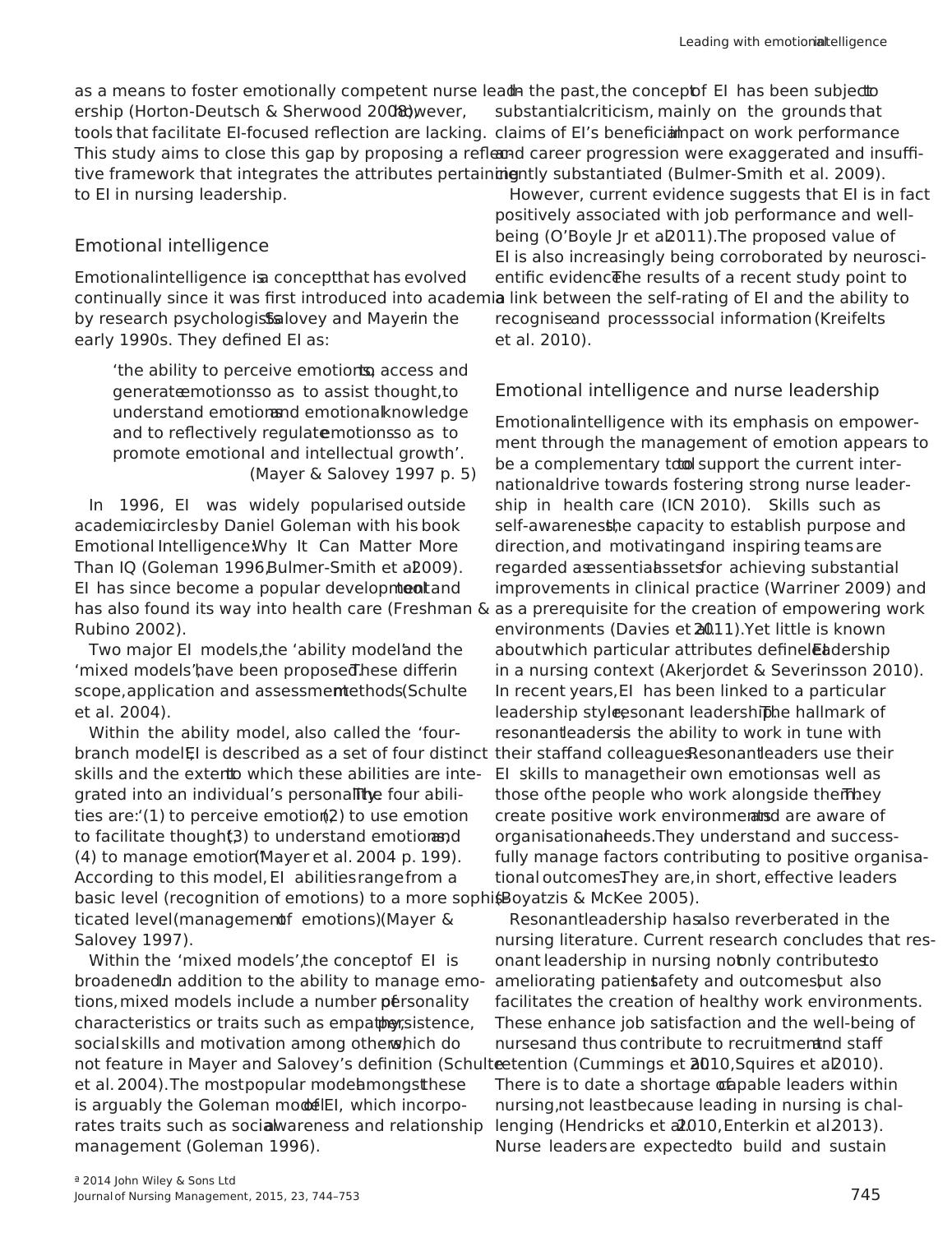 Journal of Nursing Management: EI Reflective Framework