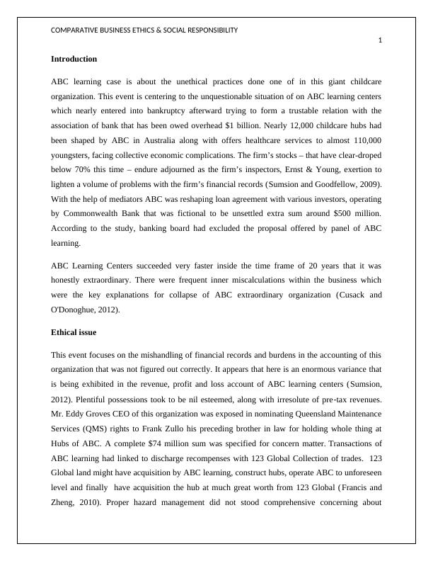 PIA GBU 200: Business Ethics and ABC Learning Case Study