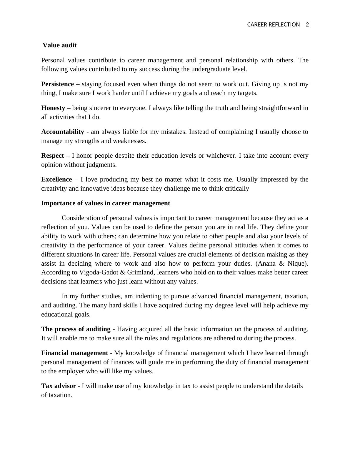 Career Reflection: Importance of Personal Values in Career Management