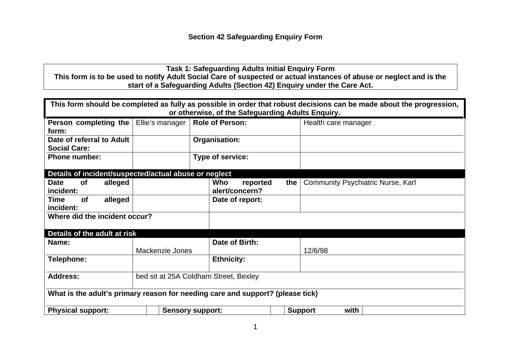 Safeguarding Adults Initial Enquiry Form | Desklib