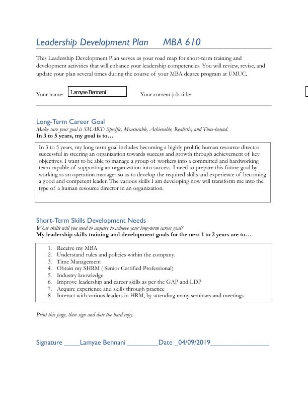UMUC MBA Leadership Development Plan - Lamyae Bennani