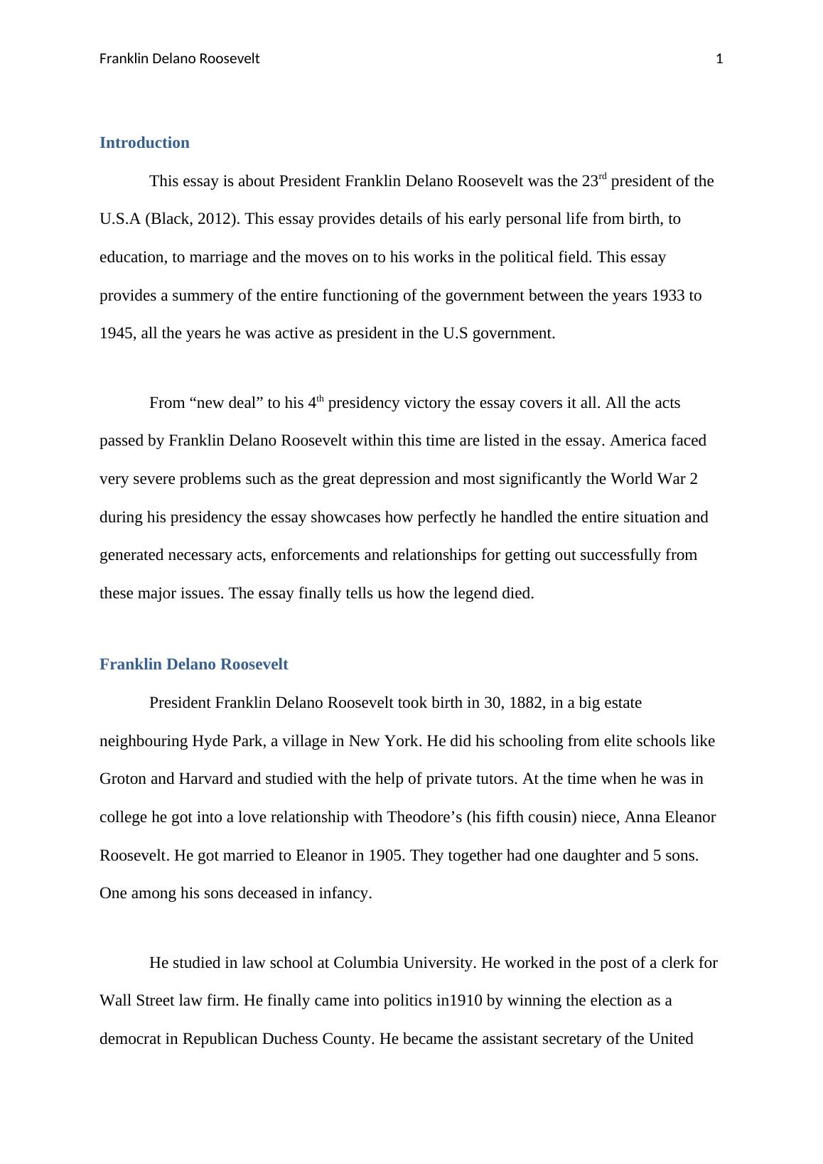 Essay: Franklin Delano Roosevelt and American History