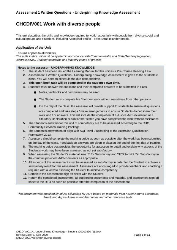 Early Childhood Education: CHCDIV001 Assessment 1 Questions