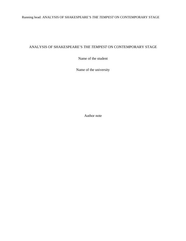 Analysis of Shakespeare’s The Tempest on Contemporary Stage