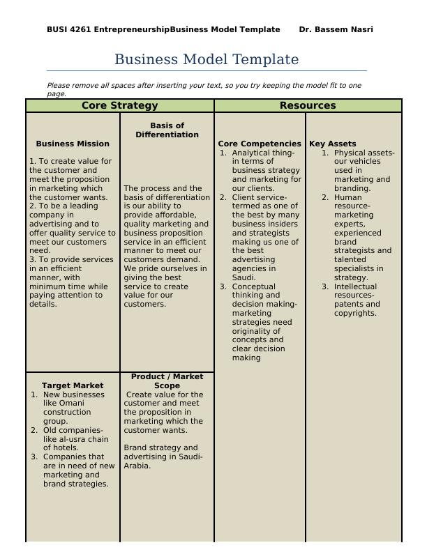 BUSI 4261 Entrepreneurship Business Model Template