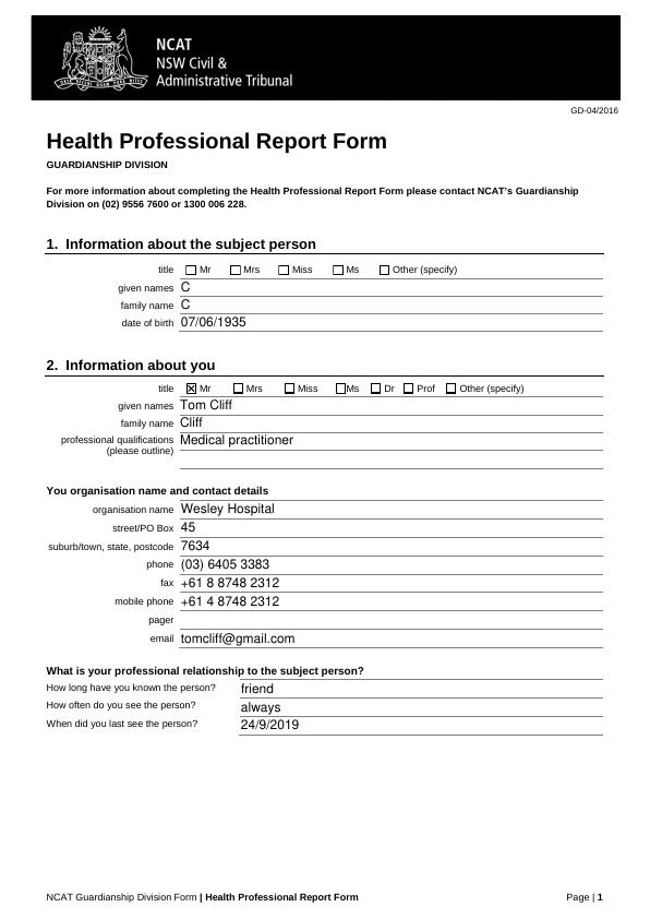 NCAT Guardianship Division: Health Report Analysis