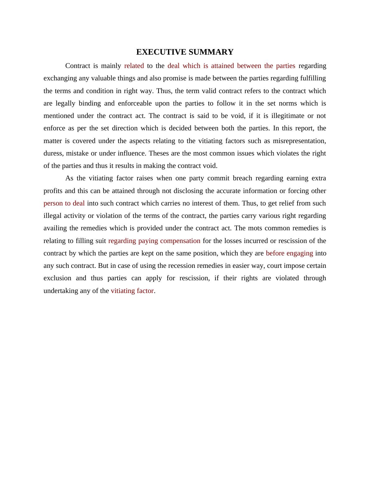 Contract Law: Executive Summary and Vitiating Factors