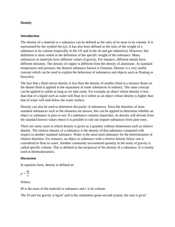 Physics Report: Density, Measurement, and Analysis