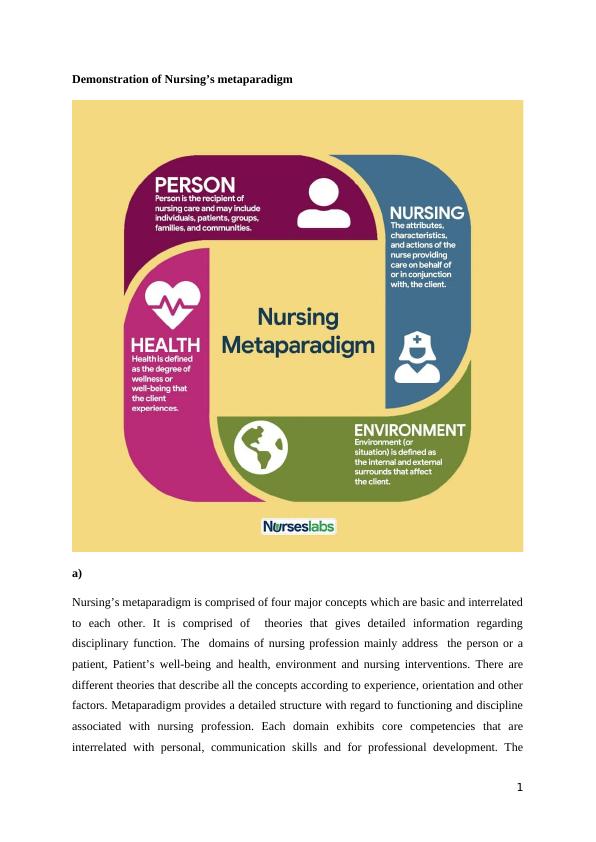 Assignment l Demonstration of Nursing’s Meta Paradigm.