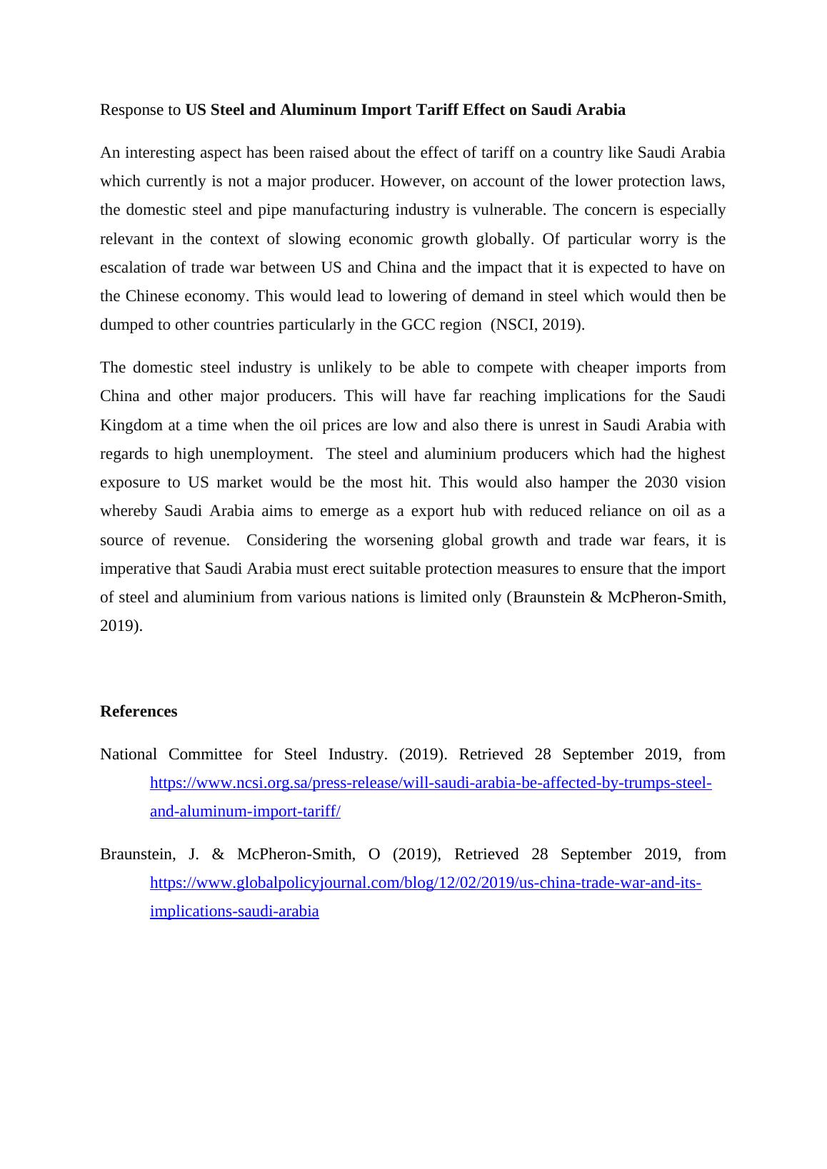 Response to US Steel and Aluminum Import Tariff Effect